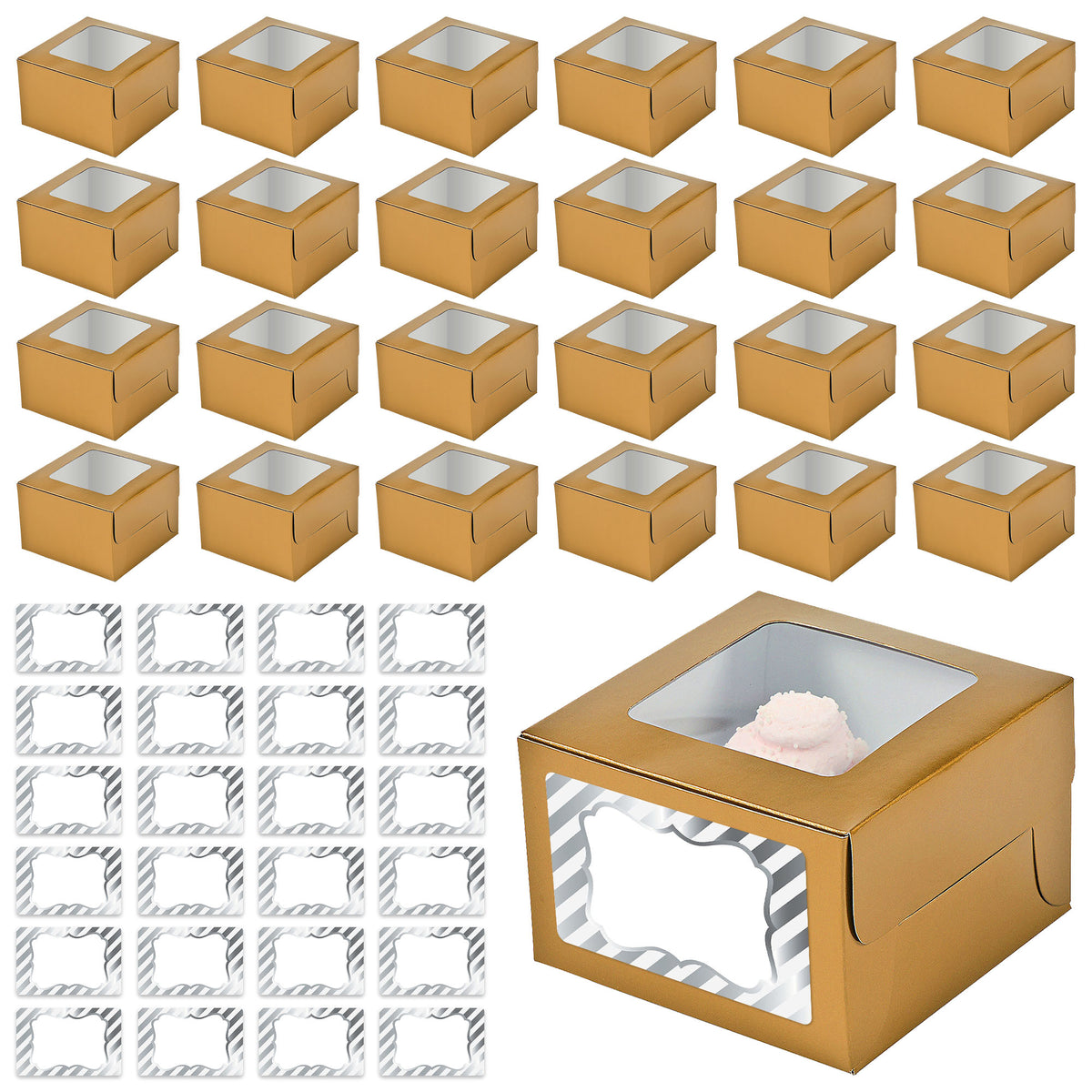 Gold Cupcake Boxes with Sticker Labels - Individual Single Cupcake Box ...