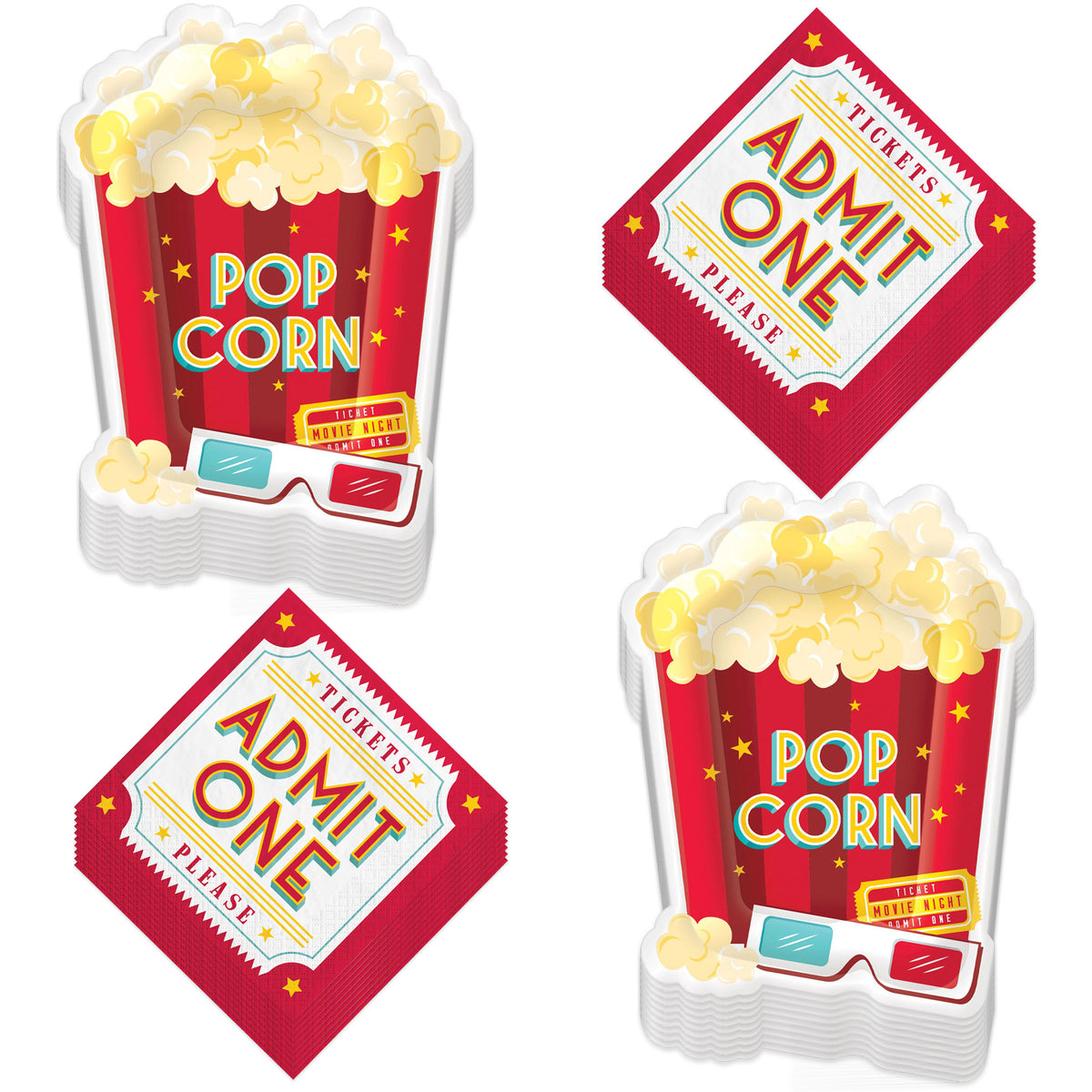 Movie Night Snack Bar Theater Popcorn-Shaped Paper Dinner Plates and T ...