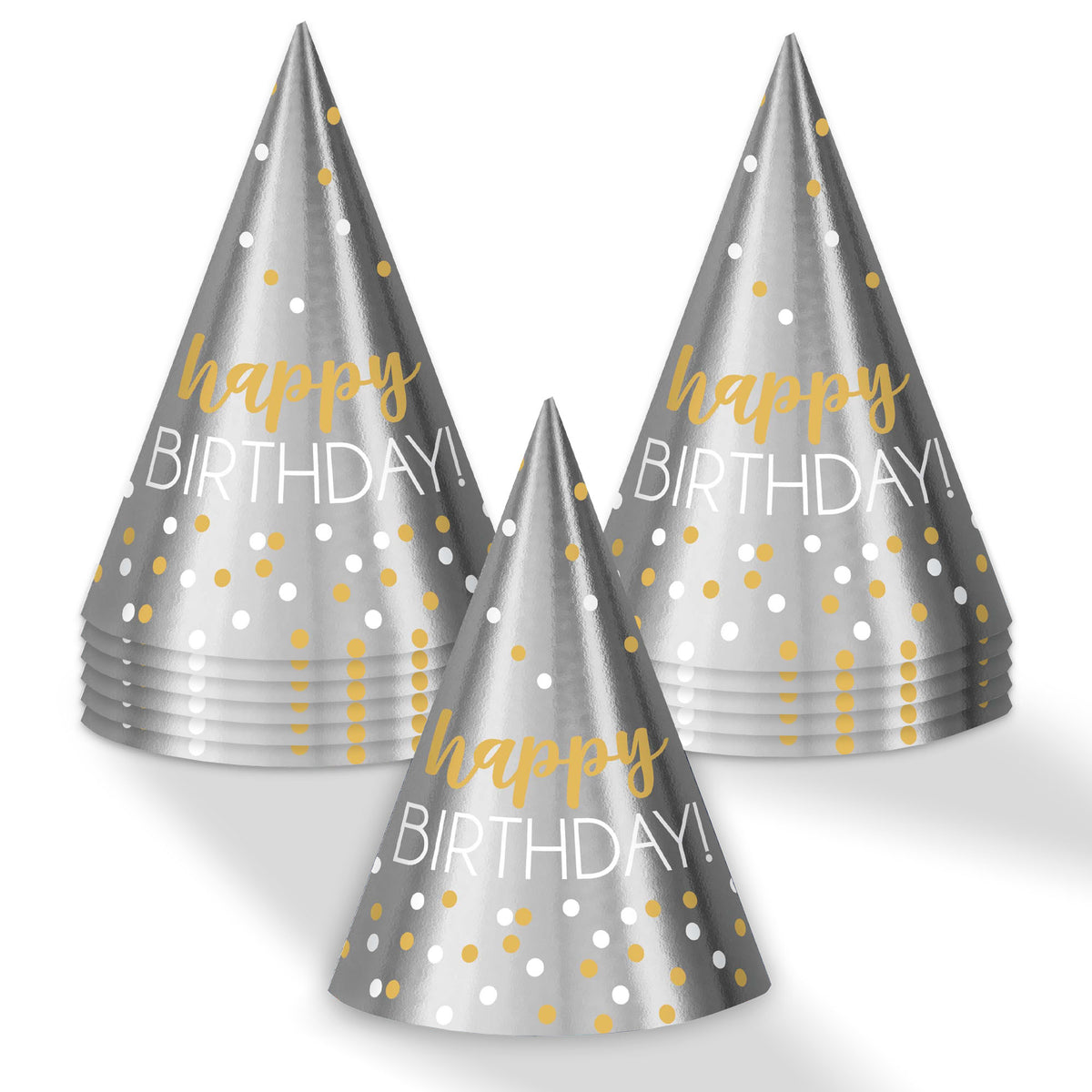 Happy Birthday Silver and Gold Dot Foil Party Cone Hats, 12 Count ...