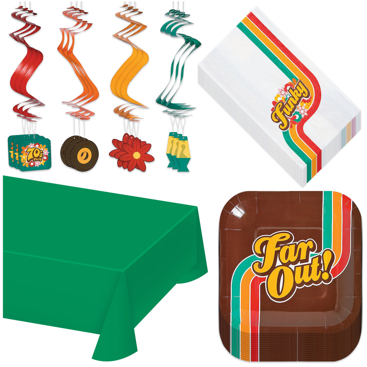 70's Decades Party Paper Dessert Plates, Napkins, Table Cover, and Han ...