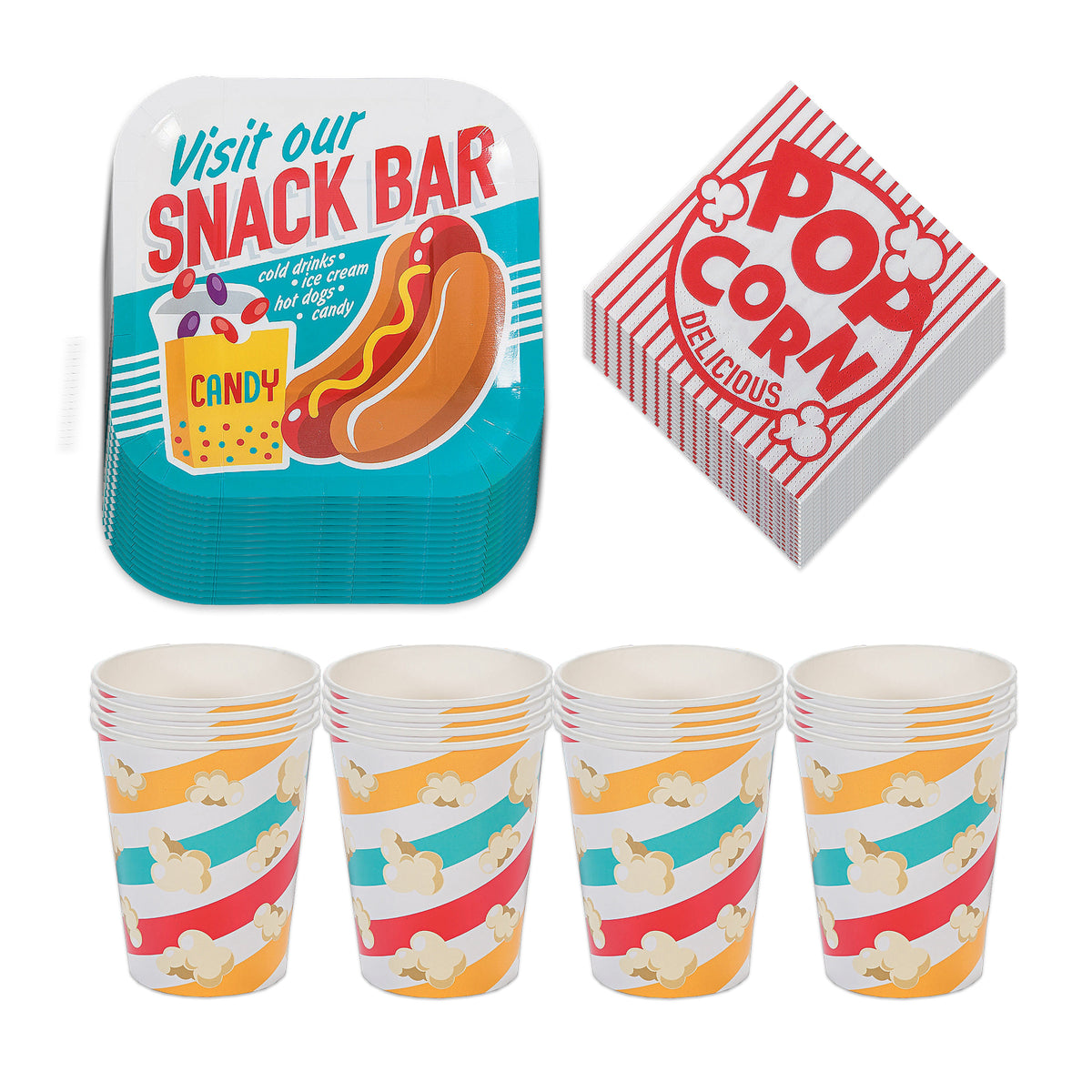 Movie Night Snack Bar Paper Dessert Plates, Popcorn Beverage Napkins ...