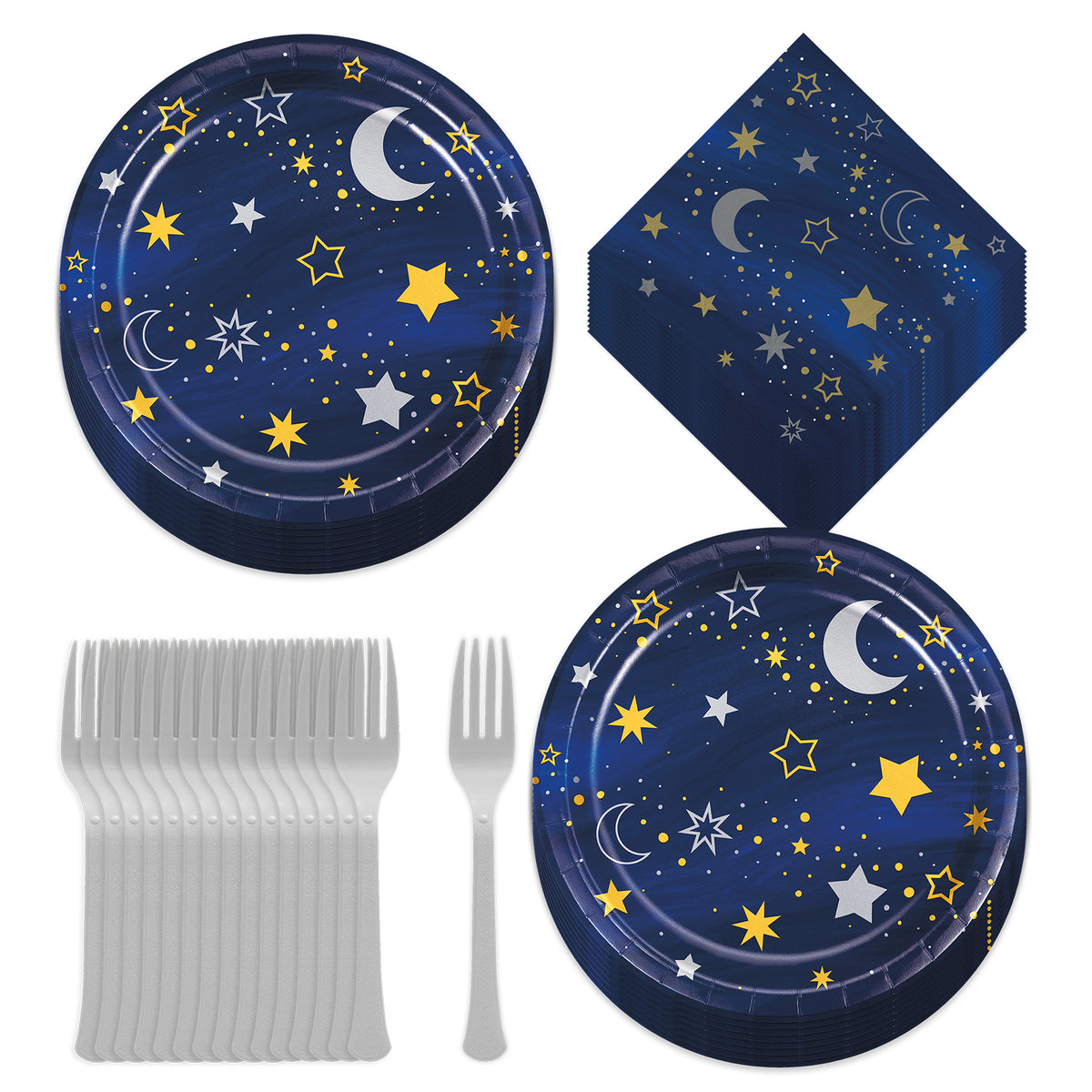 Starry Night Party - Metallic Twinkle Star and Moon Paper Dessert Plat ...