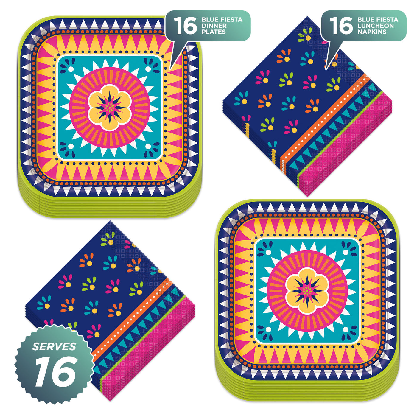 Blue Fiesta Dinner Party Pack - Mexican Fiesta Square Dinner Plates an ...