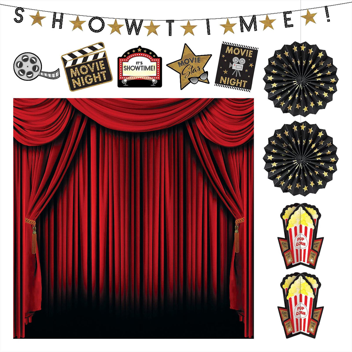 Movie Night Premier Showtime Decorating Kit and Red Curtain Backdrop ...