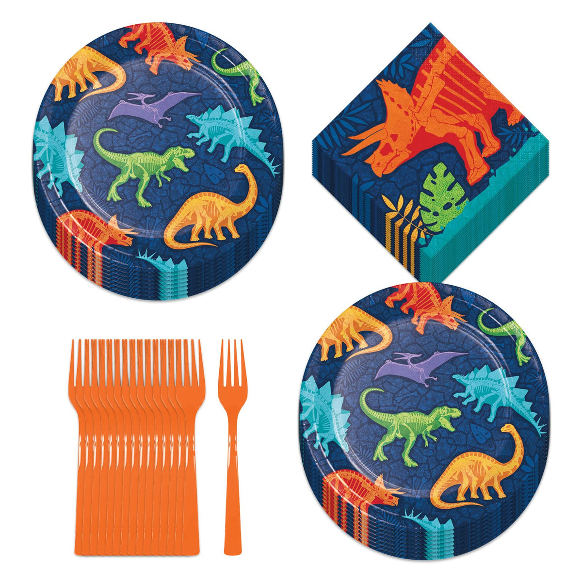 Dinosaur Party Neon Dino Dig Paper Dessert Plates, Napkins, and Forks ...